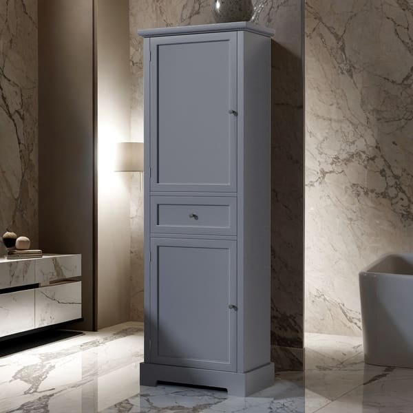 65"H Grey Wooden Bathroom Storage Cabinet with 2 Doors and Drawer ...