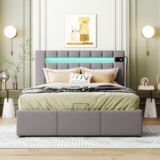 Queen Upholstered Bed with LED, Bluetooth, USB, Hydraulic Storage - Bed ...