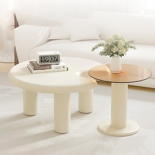 Circular Beige Cream Coffee Table Set Easy Assembly for Living Room ...