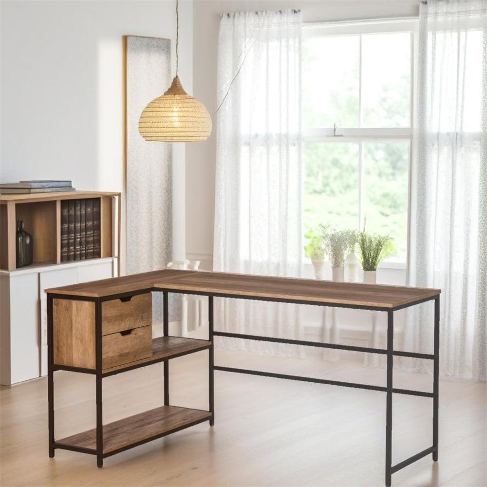 L-Shaped Home Offie Computer Desk with Storage Shelves and Steel Frame ...