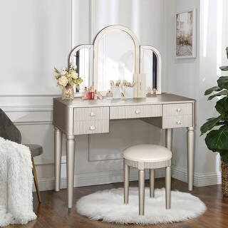Mirrored Vanity with LED Light,Bedroom Makeup Vanity Table Set ...