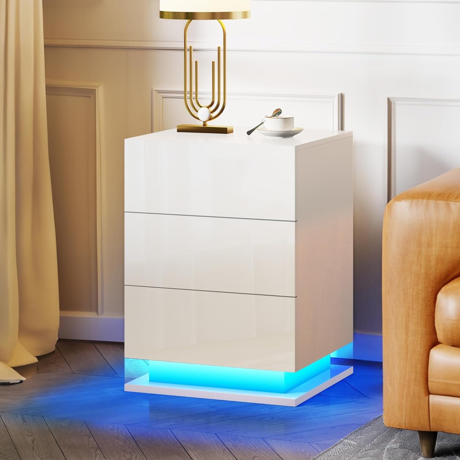 LED Nightstand with 3 Drawers White Modern Bedside Table with RGB Backlight Stylish End Table for Bedroom