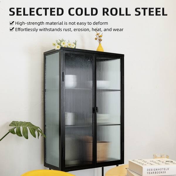 Fluted Glass High Cabinet Storage Dual Doors Three Detachable Wide ...