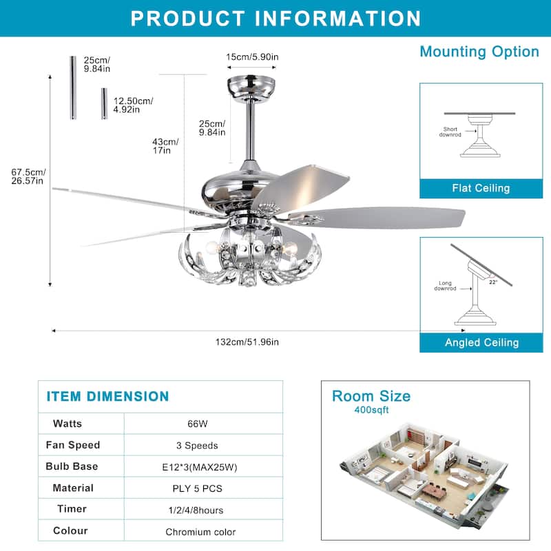 Keazile 52 in. indoor Ceiling Fan with Remote Control and Reversible ...