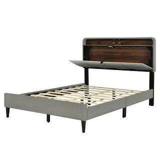 Full Size Linen Upholstered Bed Frame, Smart LED Platform Bed Frame ...
