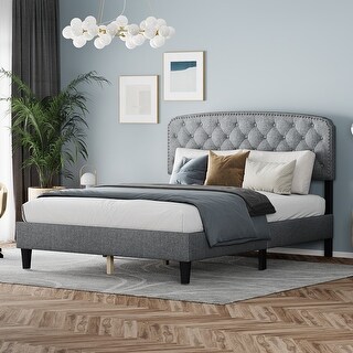 Light Grey Queen Size Linen Bed Frame with Adjustable Button-tufted ...