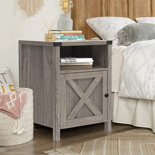 Farmhouse Night Stand Set of 2, Wooden End Table with X Barn Door and ...