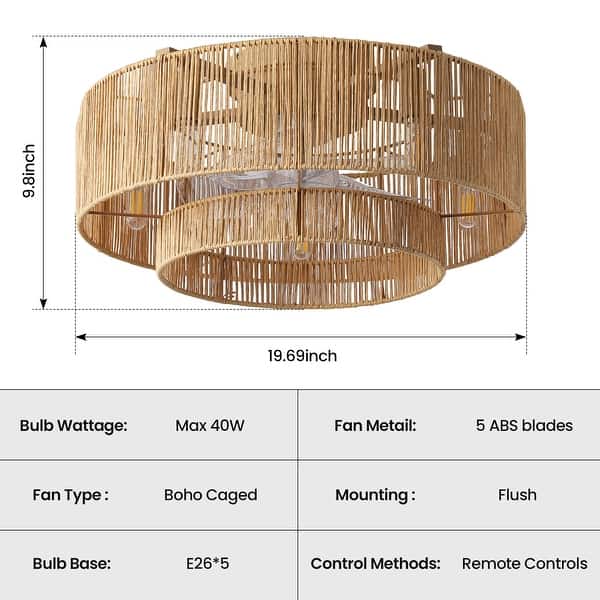 20" Boho Ceiling Fan with Lights 6-Speed Flush Mount Modern Ceiling Fan ...