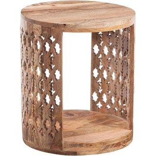 Round Solid Mango Wood End Table with Hand-Carved Rosette Pattern and ...