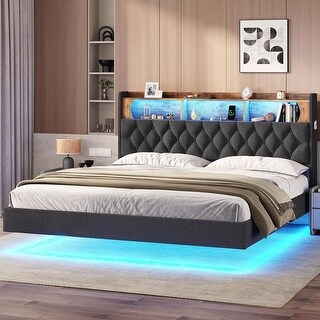 LED Floating Bed Frame Hidden Storage Headboard Type-C & USB - Bed Bath ...