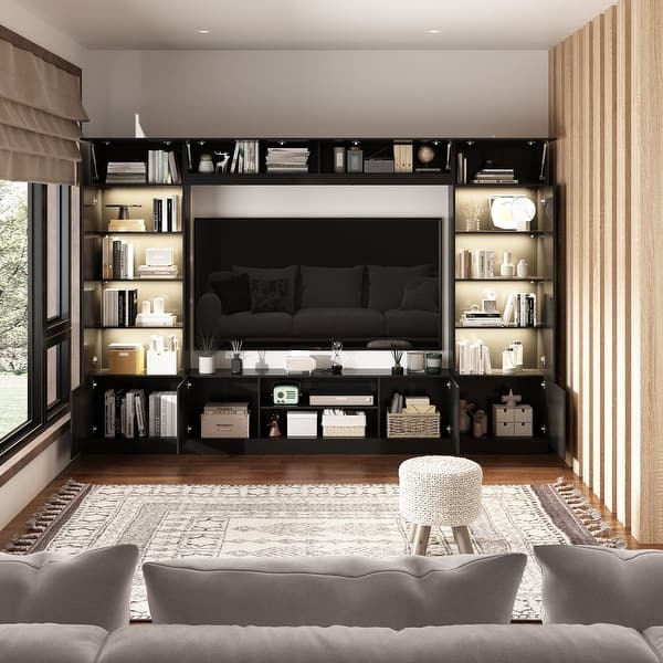 Bookshelf Entertainment Center Storage & Ambient Lighting White/Black ...