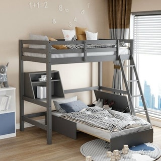 Wood High Bunk Bed Loft Bed w/ Pullout Bed and Storage Cabinet Gray ...