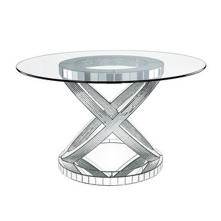 Dining Table with Glass Top and Interloped Circular Mirror Base, Silver ...