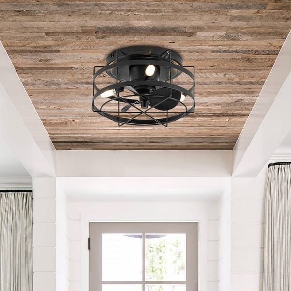 12.5" Black Small Metal Caged Low Profile Ceiling Fan with Light - Bed ...