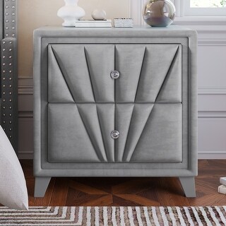 Velvet Channel Tufted Nightstand with Glass Top, Crystal Knobs, Sturdy ...