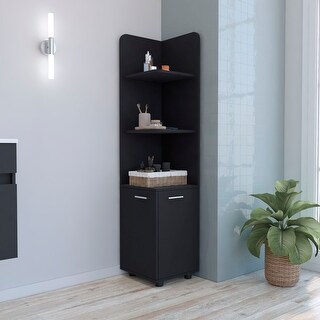 62" Black Tall Corner Linen Cabinet with Four Shelves, Mountain Lodge ...