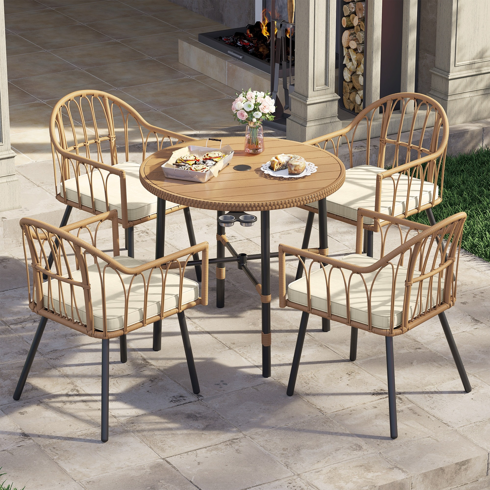 Moasis 5 Piece Rattan Outdoor Patio Dining Set Wicker Dining Chairs Table with Umbrella Hole Beige