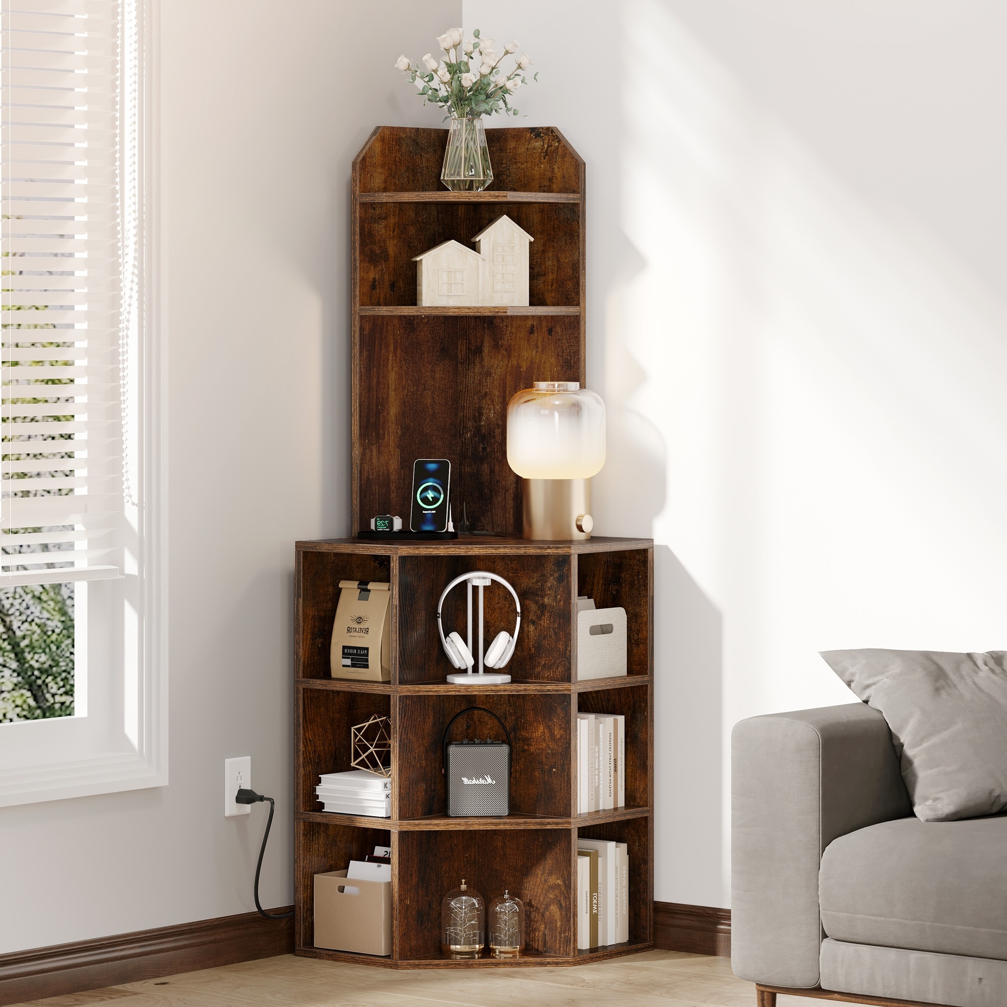 73" Tall Corner Shelf with Door, 6 Tier Corner Bookshelf Storage ...