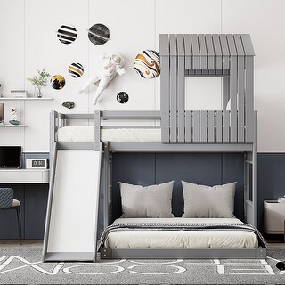 Twin Over Full Treehouse Bunk Bed with Slide - Adventure Bed for Kids ...