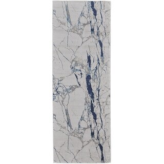 8' Ivory Blue And Black Abstract Power Loom Distressed Runner Rug - 3'6 ...