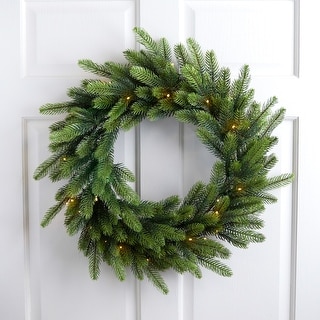 Real Touch™️ B/O Pre-Lit Noble Fir Cedar Christmas Wreath - 24" - Warm ...