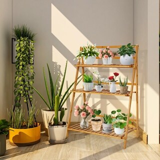 3-Tier Bamboo Foldable Plant Stand with Display Shelf Rack - Natural ...