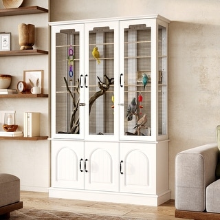Indoor Bird Cage Cabinet with Storage Base, White Wooden Aviary with ...