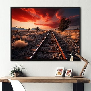 Designart "Train Tracks Red Scenery " Train Framed Canvas Art Print ...