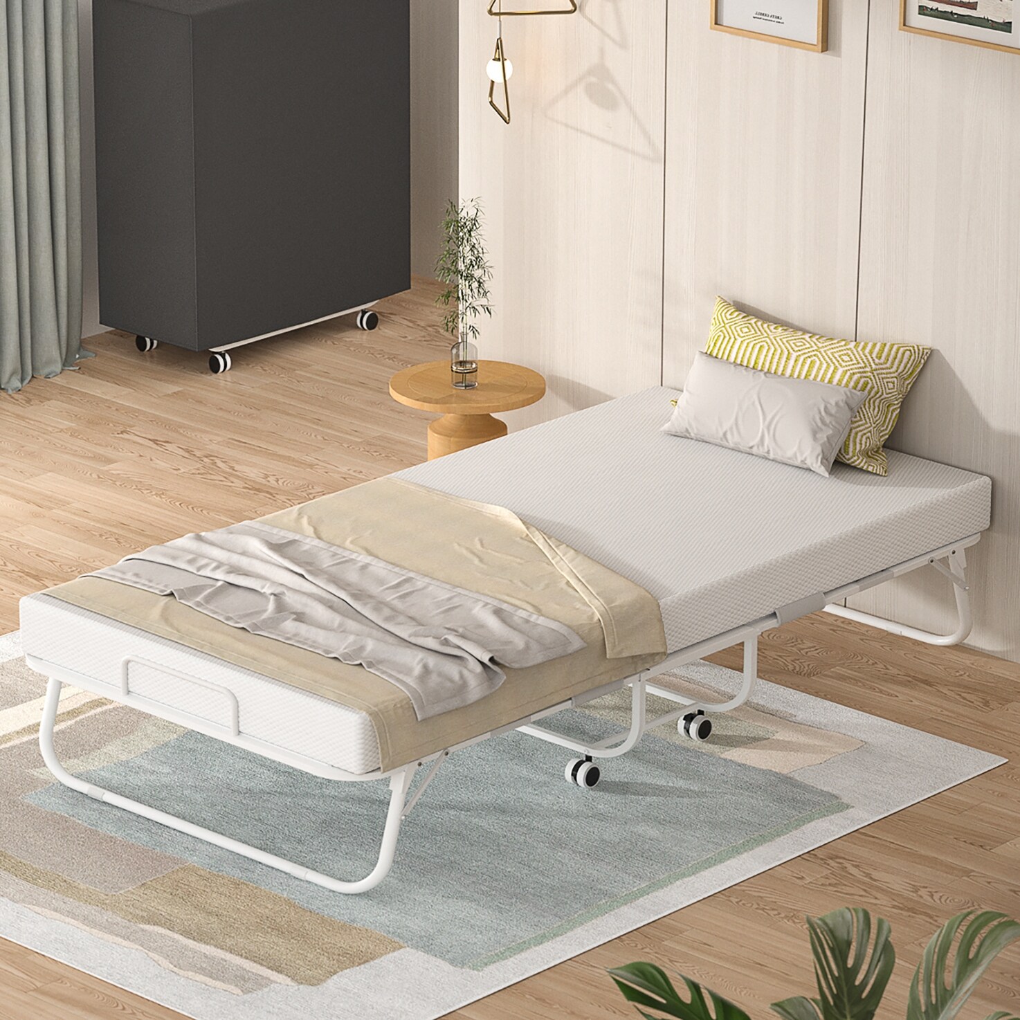Folding Bed with 5 Inch Memory Foam Mattress Small Single Bed Extra Guest Bed with Wheel