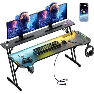 55 Inch LED Gaming Desk with Charging Station, Monitor Stand, and ...