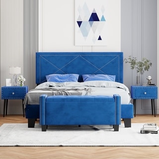 4 Pieces Blue Bedroom Sets, Queen Size Upholstered Bed,Nightstands and ...