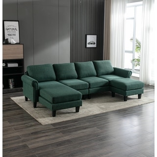 U-shape Sectional Sofa 4 Seater Polyester Sofa Lounge Chaise Couch with ...