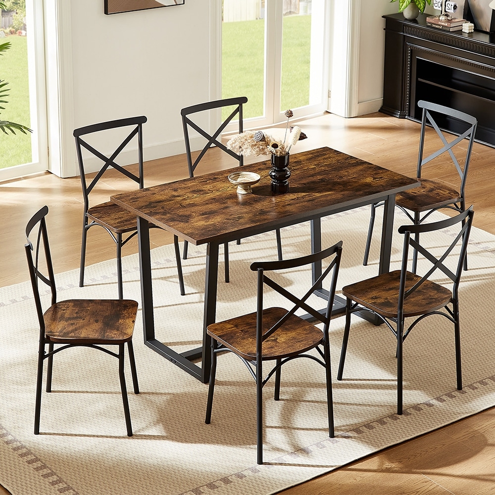 7 Piece Industrial Dining Table Set Rectangular Table with 6 Chairs Brown