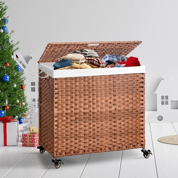 Laundry Hamper with Wheels, 160L Rattan Hampers & 2 Removable Liner ...