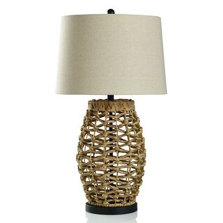 Natural Open Weave Hyacinth Table Lamp with Dark Bronze Base - Cream ...