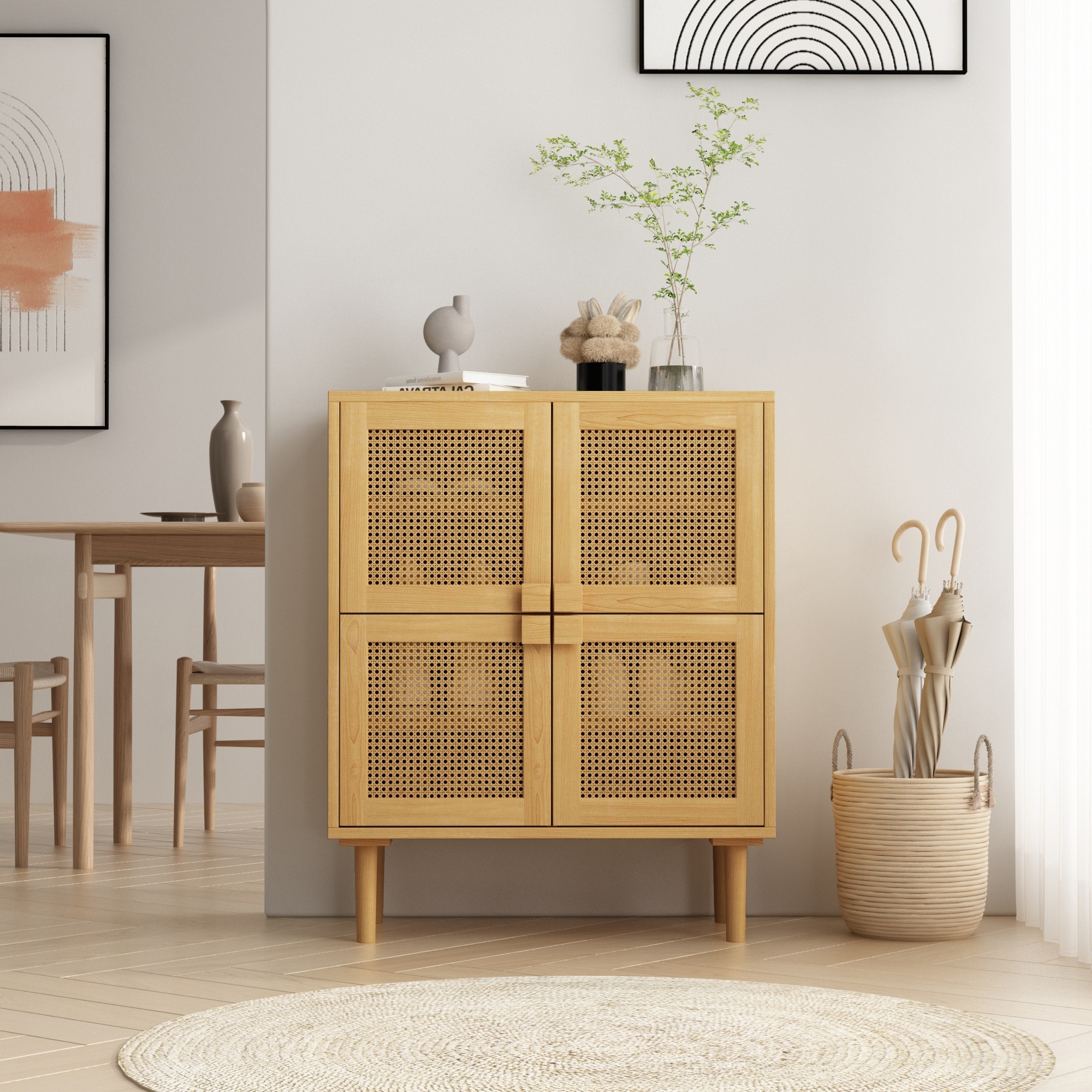 Modern Sideboard 4 Doors Rattan Mesh Storage Cabinet