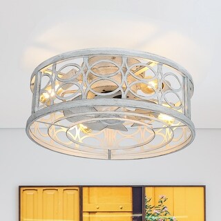 20" Vintage Cream White Caged Light Ceiling Fan, Flush Mount Drum ...