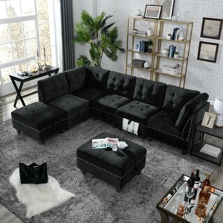 Black Velvet Sturdy Wood Frame Modular Sectional Sofa with Hidden ...