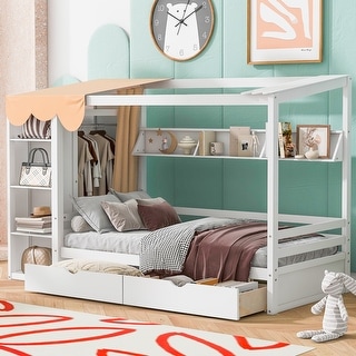 White Wood Semi-enclosed House Bed, Twin Size Daybed with Built-in ...