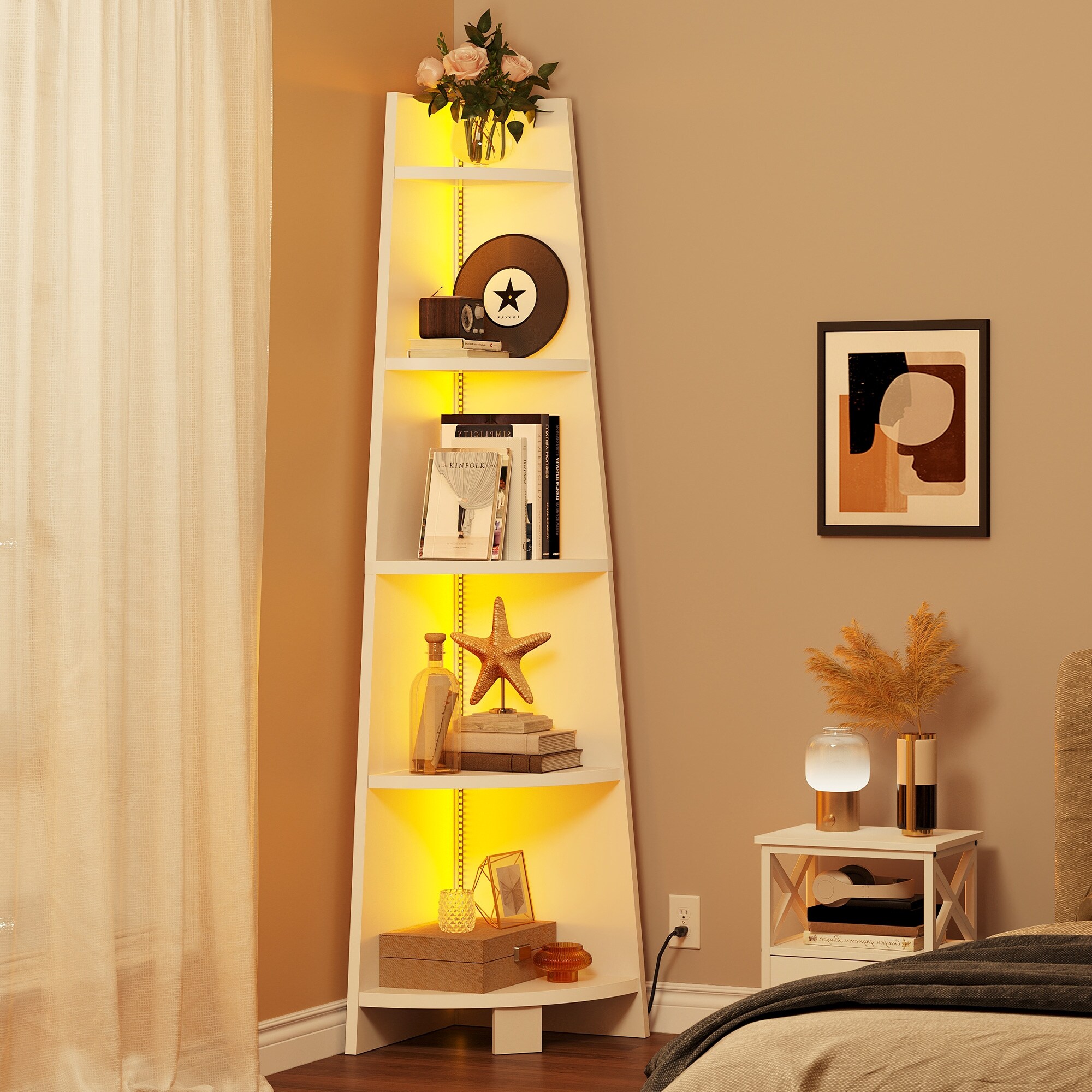 73" Tall Corner Shelf with Door, 6 Tier Corner Bookshelf Storage ...