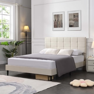Beige Modern Style Platform Bed Frame, Fabric Upholstered Headboard ...