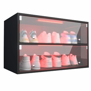 LED Shoe Storage Cabinet - Black Glass Door Shoe Box for Sneakers - Bed ...