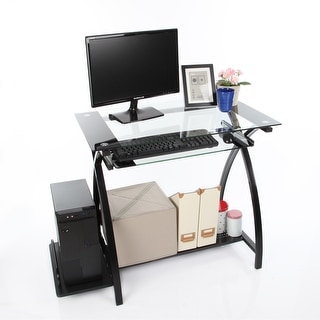 Glass Office Computer Desk With CPU Stand And Pullout Keyboard Tray ...