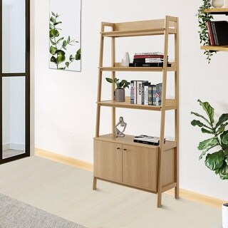 Balsam 5-Shelf Ladder Oak Wooden Bookcase with Storage Cabinet - Bed ...