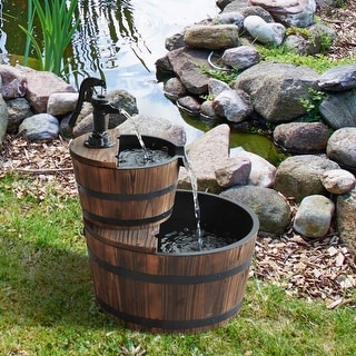2-Tier Solid Wood Whisky Barrel Waterfall Fountain with Electric Pump ...