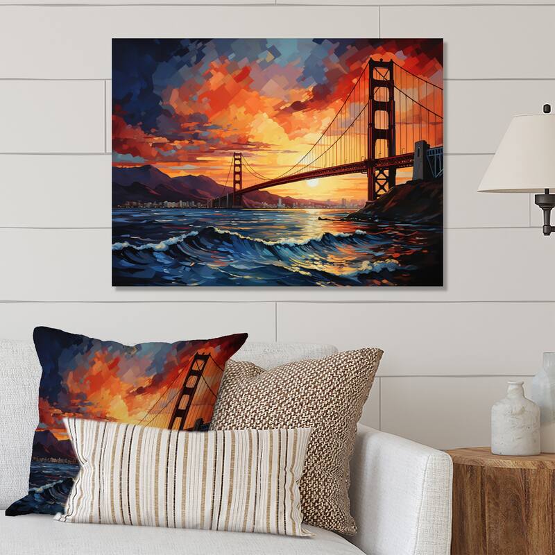 Designart "Orange Bridge Golden Gateway I" Bridges Metal Art Print ...