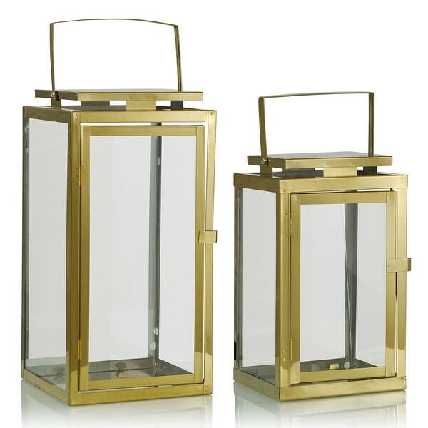 Stainless Steel and Glass Tall Lanterns - Set of 2 - Polished Gold ...