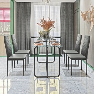 Modern 5-Piece Rectangle Dining Table Set with Tempered Glass Top - Bed ...