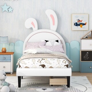 Twin Size PU Leather Platform Bed with Rabbit Ornament and 2 Drawers ...