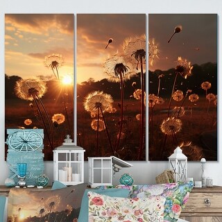 Designart "Sunset Dandelion Field I" Floral Wall Art Print Set - Bed ...